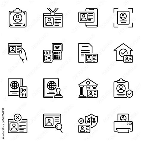 Set Of 16 Id Card Line Icons Profile Secure User Agent Citizen Personal Identity Pass