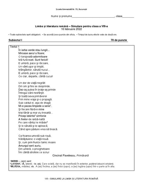 Simulare Limba Romana Evaluare Nationala Clasa A 8a V3 Pdf
