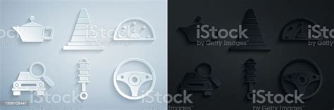 모터 머신 오일 아이콘에 대한 충격 흡수기 속도계 자동차 검색 스티어링 휠 교통 콘 및 캐니스터를 설정합니다 벡터 3차원 형태에 대한 스톡 벡터 아트 및 기타 이미지