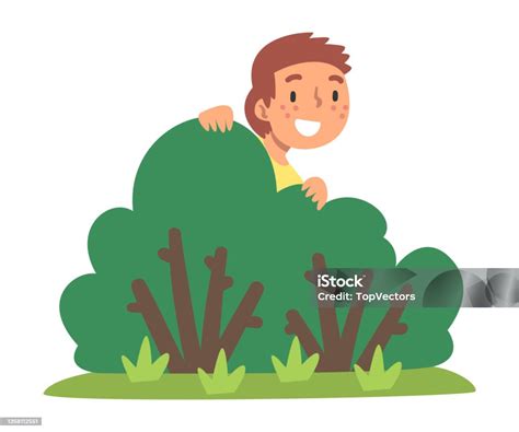 작은 소년 재생 숨기기 와 추구 은폐 뒤에 부시 벡터 일러스트 개념에 대한 스톡 벡터 아트 및 기타 이미지 개념 긍정적인 감정 표현 놀기 Istock