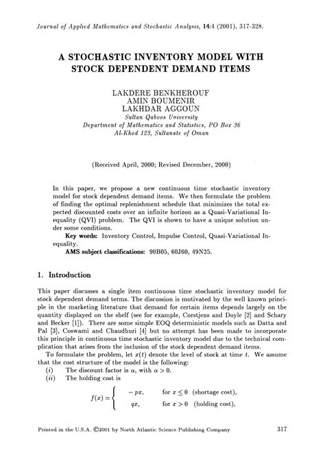 Pdf A Stochastic Inventory Model With Stock Dependent Demand Items