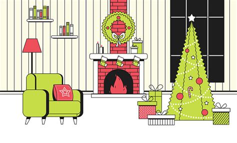 부드러운 색 새 해 크리스마스 플랫 만화 인테리어 개념 벡터 스타일 밤에 타는 벽난로 새 해 양말 축제 크리스마스 트리 장식 볼 선물 상자 화 환 실내 보기 활 개념에 대한