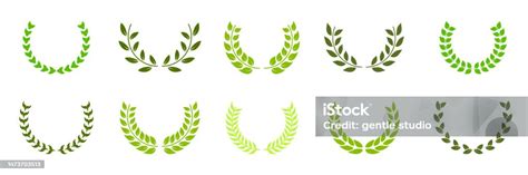 월계관 상 그린 실루엣 아이콘 세트 우승자 픽토그램을 위한 리프 빅토리 엠블럼이 있는 서클 브랜치 빈티지 챔피언 상금 기호입니다 화환 월계수 올리브 잎 고립된 벡터 그림