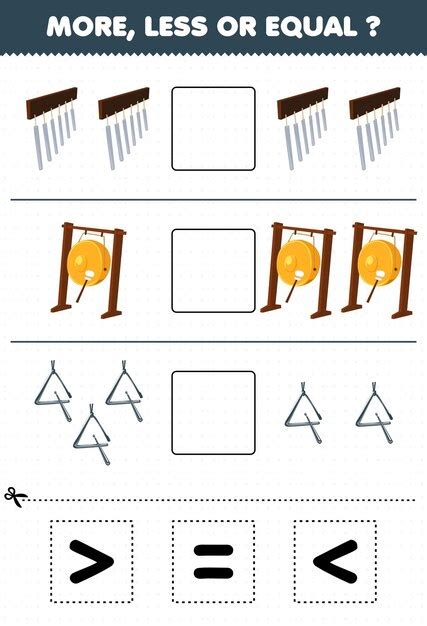 어린이를 위한 교육 게임은 만화 음악 악기 징 삼각형의 양을 더 적게 계산한 다음 올바른 기호를 자르고 붙입니다 프리미엄 벡터