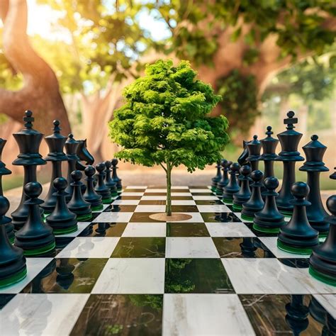A Chess Board With Chess Pieces On It And A Tree In The Middle