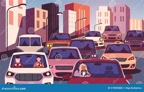 Cars With People Stuck In Traffic Drivers And Passengers Front View Urban Transport Collapse