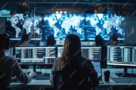 Cybersecurity Team In Modern Office Vigilantly Monitoring Network Activity On Large Screens With