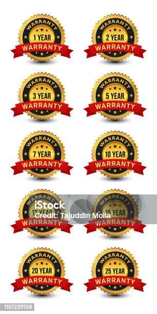 골든 컬러 년 보증 배지 세트 번들 흰색 배경에 고립 된 상단에 빨간 리본 키트 배너 스티커 태그 아이콘 우표 라벨 기호 0명에 대한 스톡 벡터 아트 및 기타 이미지