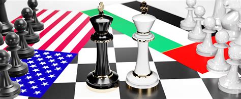 미국과 아랍 에미리트 무역 거래를 목표로 하는 두 나라 간의 충돌 충돌 위기 와 논쟁 국가 플래그와 체스 게임에 의해 상징 하는 지배 3d 일러스트 8k Resolution