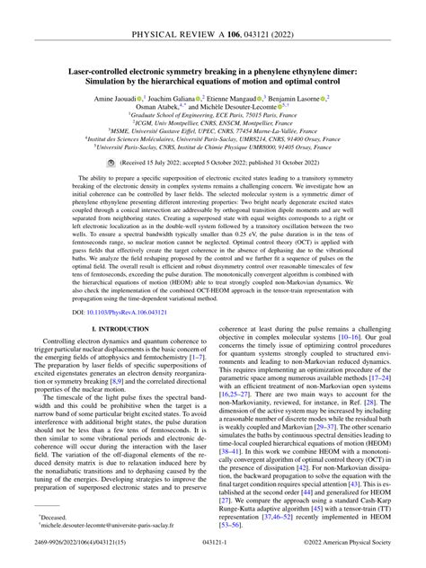 Pdf Laser Controlled Electronic Symmetry Breaking In A Phenylene Ethynylene Dimer Simulation