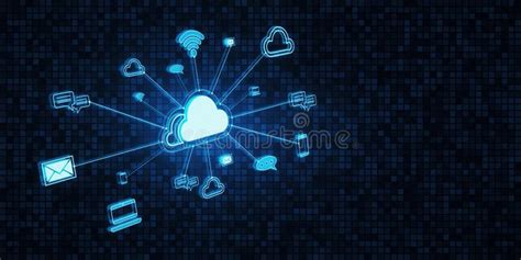 Creative Cloud Computing Hologram With Various Icons On Dark Background With Mock Up Place