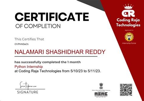 Completed Python Internship With Coding Raja Technologies Nalamari Shashidhar Reddy Posted On