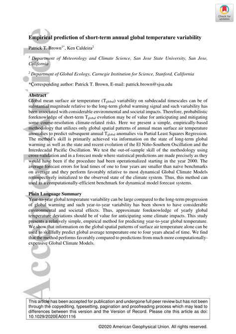 Pdf Empirical Prediction Of Short‐term Annual Global Temperature Variability