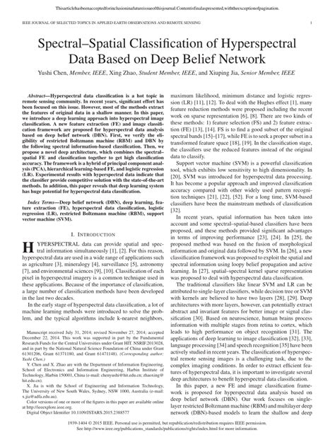 Pdf Spectralspatial Classification Of Hyperspectral Data Based On Deep Belief Network
