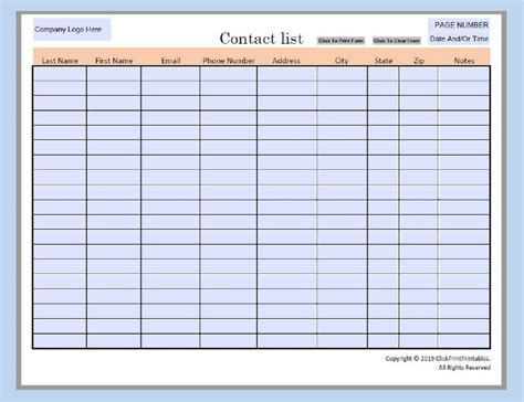 Simple Minimal Editable Contact List Template Downloadable Printable Form Small Business Fill In