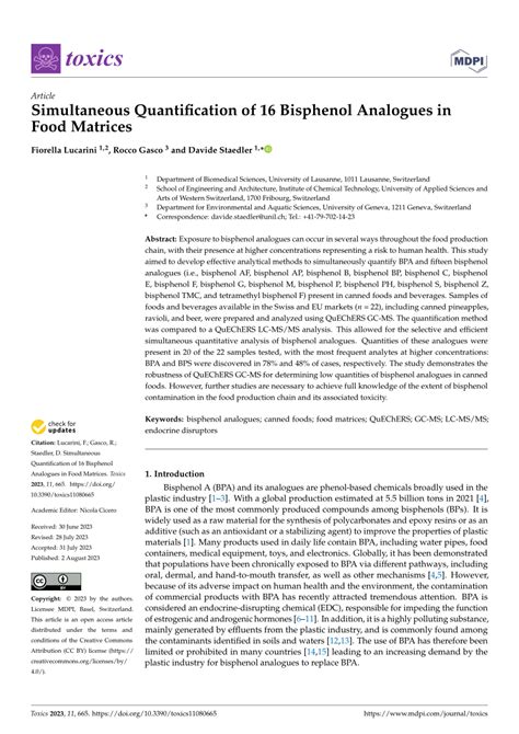 Pdf Simultaneous Quantification Of 16 Bisphenol Analogues In Food