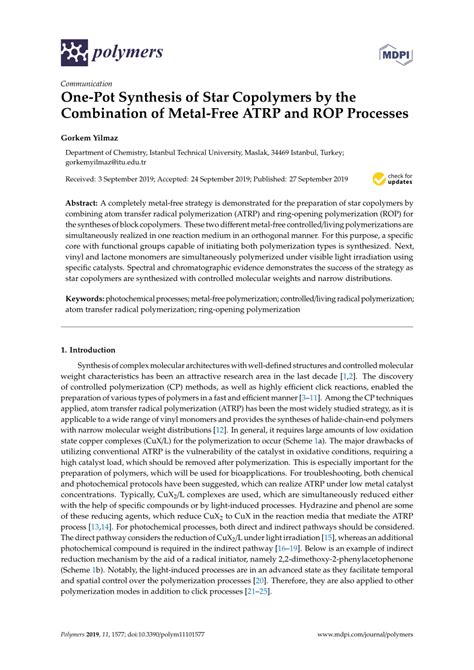 Pdf One Pot Synthesis Of Star Copolymers By The Combination Of Metal Free Atrp And Rop Processes