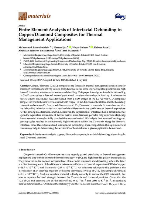 Pdf Finite Element Analysis Of Interfacial Debonding In Copperdiamond Composites For Thermal