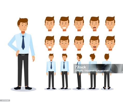 전면 측면 백 뷰 애니메이션 문자 다양한 전망 만화 스타일 플랫 벡터 일러스트와 함께 비즈니스 맨장 플랫 벡터 캐릭터 생성 세트 감정 전신에 대한 스톡 벡터 아트 및 기타