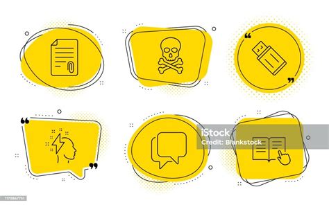 이야기 거품 Usb 플래시 및 첨부 파일 아이콘 세트 브레인 스토밍 화학 적 위험 및 읽기 지침 표지판 벡터 0명에 대한 스톡