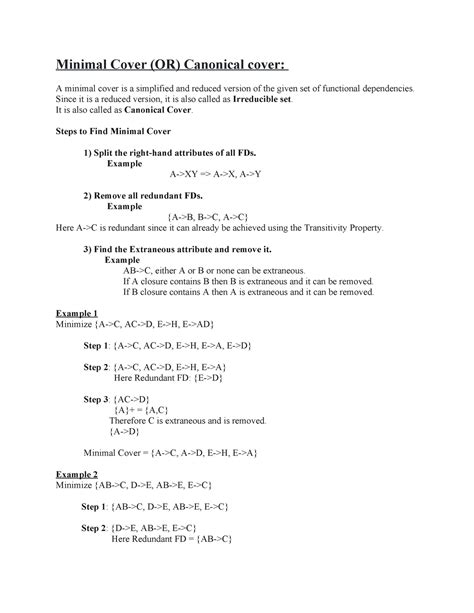 relational database design normal forms and decomposition minimal cover or canonical cover