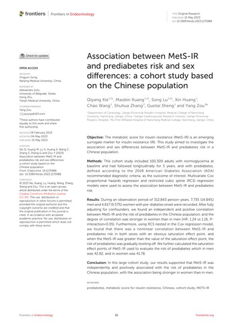 Pdf Association Between Mets Ir And Prediabetes Risk And Sex