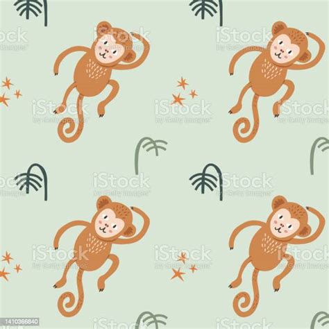 재미있는 점프 원숭이 정글 열대 식물과 원활한 녹색 패턴 직물 벽지 의류 포장 섬유를위한 어린이 디자인 벡터 일러스트레이션 손으로 그린 스타일 갈색에 대한 스톡 벡터 아트