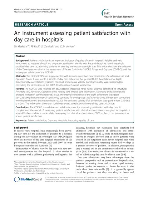 Pdf An Instrument Assessing Patient Satisfaction With Day Care In Hospitals