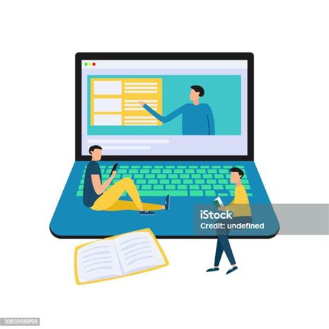 온라인 교육 노트북와 사람들이 평면 배경입니다 사람들이 책을 읽고 지식 토론 벡터 일러스트 레이 션 Brand Name Online Messaging Platform에 대한