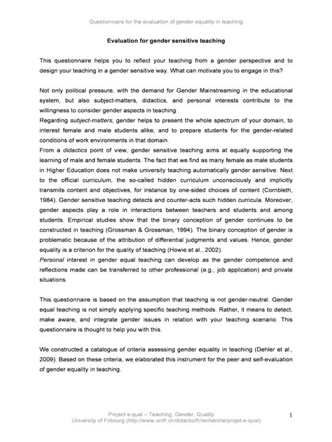Fillable Online Questionnaire For The Evaluation Of Gender Equality In Teaching Fax Email Print