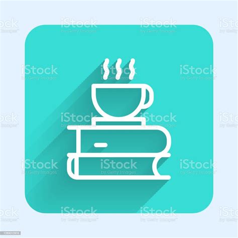 화이트 라인 커피 컵과 긴 그림자로 고립 된 책 아이콘 차 컵 뜨거운 음료 커피 녹색 정사각형 버튼입니다 벡터 일러스트레이션 경영자에 대한 스톡 벡터 아트 및 기타 이미지