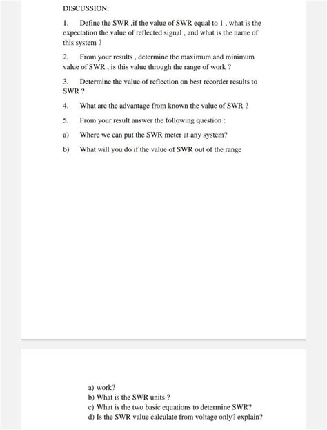 Solved DISCUSSION Define The SWR If The Value Of SWR Chegg Com
