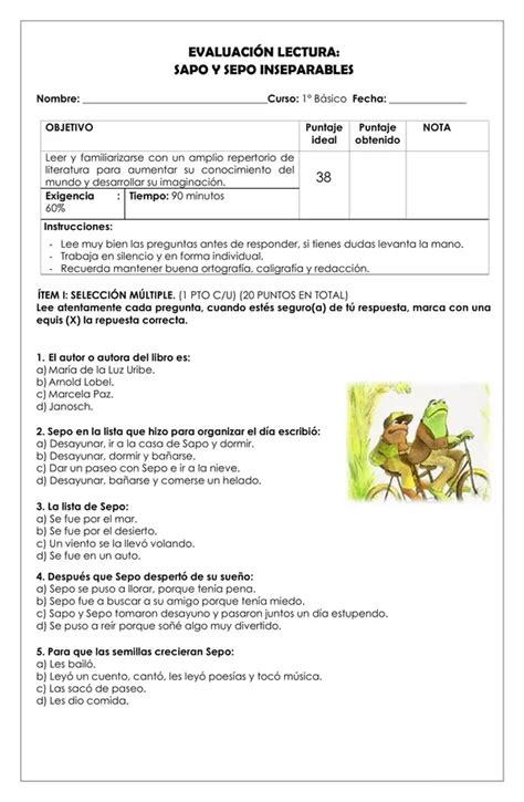 Prueba Lectura Sapo Y Sepo Inseparables Profe Social