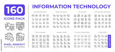 Information Technology Line Icons Set Collection Online Security Data Mining Cloud Computing