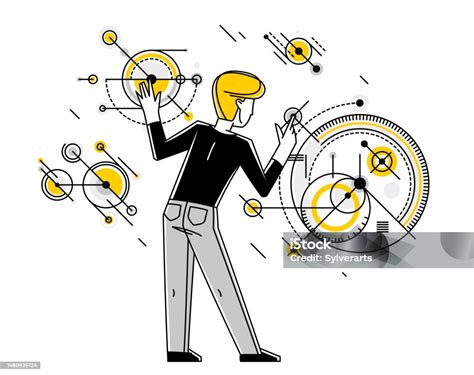 프로젝트에서 일하는 엔지니어 초안 계획 벡터 개요 그림 창의적인 발명가 기계 수리에 대한 작업을 수행하는 정비사 전문가 Conscription에 대한 스톡 벡터 아트 및