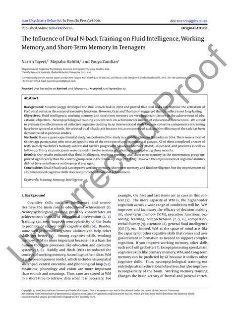 Pdf The Influence Of Dual N Back Training On Fluid Intelligence Working Memory And Short