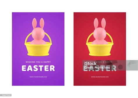 바구니에 행복 한 부활절 토끼 캐릭터 3d 인사말 카드 세트 디자인 템플릿 현실적인 벡터 0명에 대한 스톡 벡터 아트 및 기타