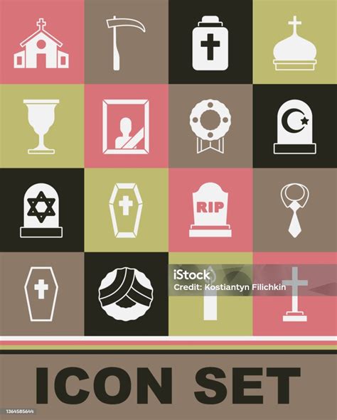 십자가 넥타이 이슬람 묘지 장례 항아리 애도 사진 프레임 기독교 성배 교회 건물과 기념 화환 아이콘으로 무덤을 설정합니다 벡터 유대교에 대한 스톡 벡터 아트 및 기타 이미지