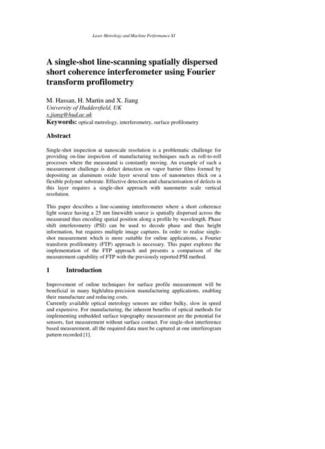 Pdf A Single Shot Line Scanning Spatially Dispersed Short Coherence Interferometer Using
