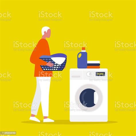젊은 남성 캐릭터는 세탁 바구니를 들고 세탁 세제 매일 집안일 개념입니다 플랫 편집 가능한 벡터 일러스트 클립 아트 세탁기에 대한 스톡 벡터 아트 및 기타 이미지 Istock