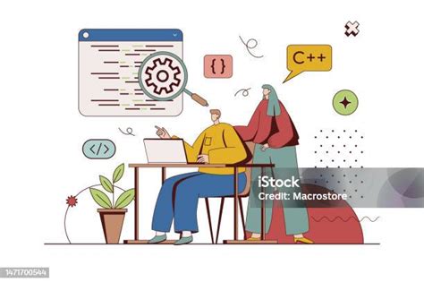 programming software concept with character situation in flat design man and woman developers