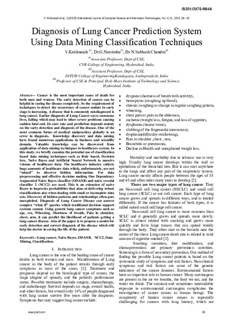 Pdf Diagnosis Of Lung Cancer Prediction System Using Data Mining