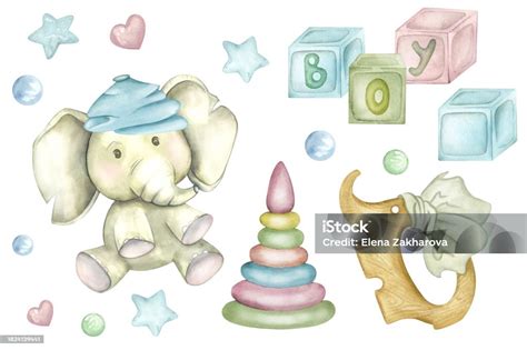 휴일 생일 베이비 샤워 신생아를 위한 어린이 장난감 큐브 풍선 및 신생아 또는 생일 소년을위한 피라미드가있는 코끼리의 수채화