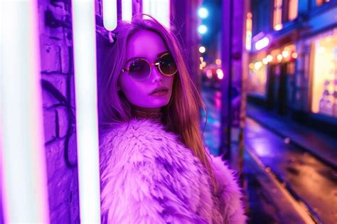 Stylish Hipster Teen Girl Posing In Neon Lights Fashion Premium Ai
