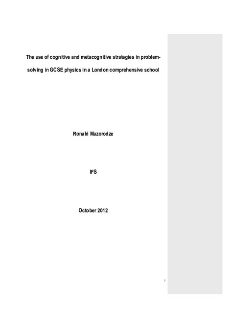 Pdf The Use Of Cognitive And Metacognitive Strategies In Problem Solving In Gcse Physics In A