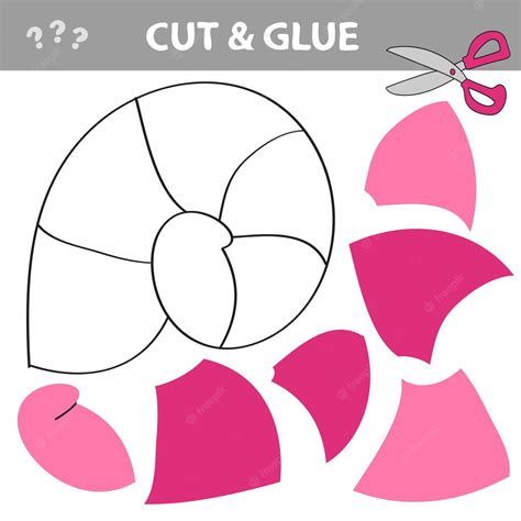 자르고 붙이기 아이들을 위한 간단한 게임입니다 가위와 풀을 사용하여 윤곽 내부의 그림을 복원하십시오 분홍색 조개껍데기가 있는 아이들을 위한 쉬운 종이 게임 프리미엄 벡터