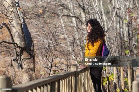 국립 공원의 나무 테라스에서 전망을 바라보는 성인 여성 가을에 대한 스톡 사진 및 기타 이미지 가을 경관 계절 Istock