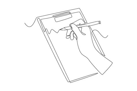 펜으로 작업 양식을 작성하는 단일 선 그리기 손 문서 작성 개념 연속 선 그리기 디자인 그래픽 벡터 그림 프리미엄 벡터