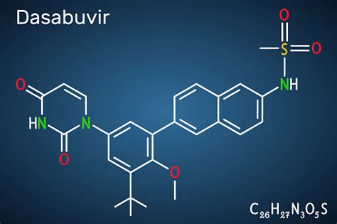 다사 부비르 분자 C 형 간염 바이러스 Hcv 감염을 치료하는 데 사용되는 항 바이러스제입니다 짙은 파란색 배경에 구조적 화학식 0명에 대한 스톡 벡터 아트 및 기타 이미지