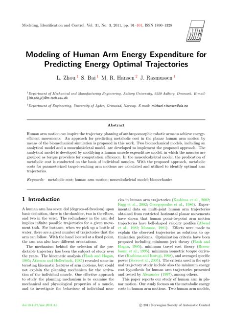 PDF Modeling Of Human Arm Energy Expenditure For Predicting Energy Optimal Trajectories